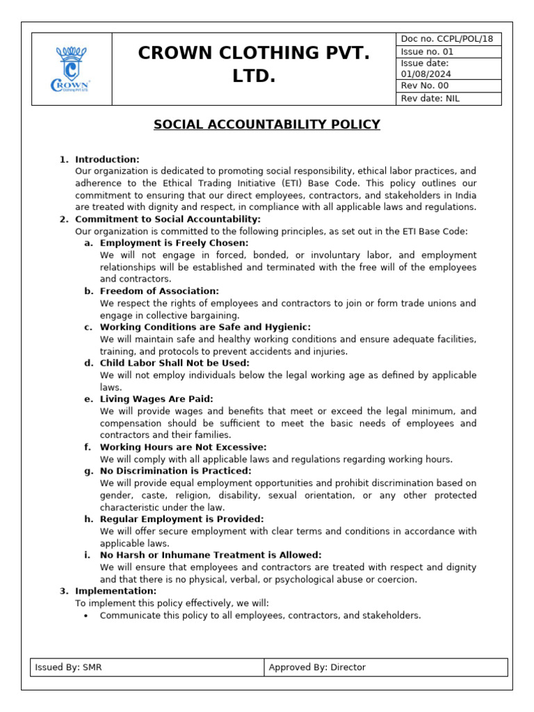 Crown Clothing Social Accountability Policy | PDF | Employment | Justice