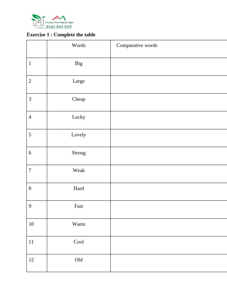 Comparative Words Exercise Table | PDF