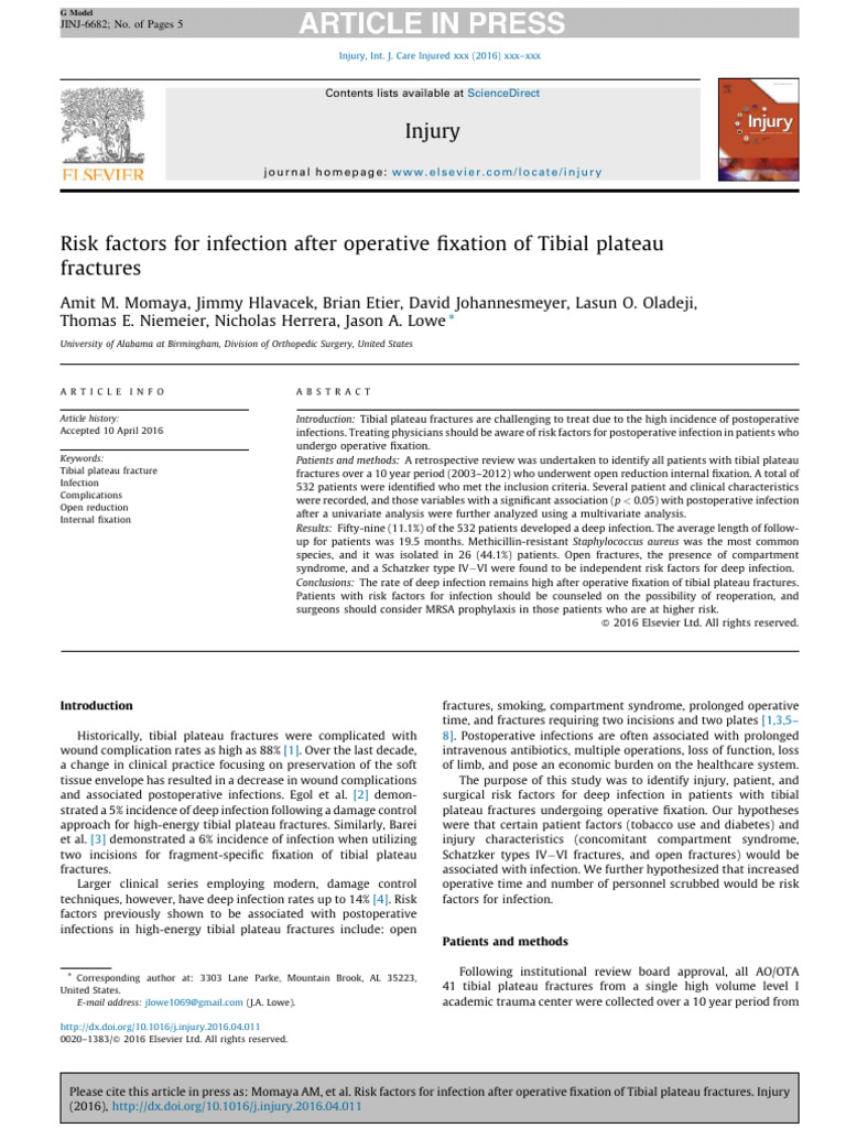 Risk Factors For Infection After Operative Fixation of Tibial Plateau ...