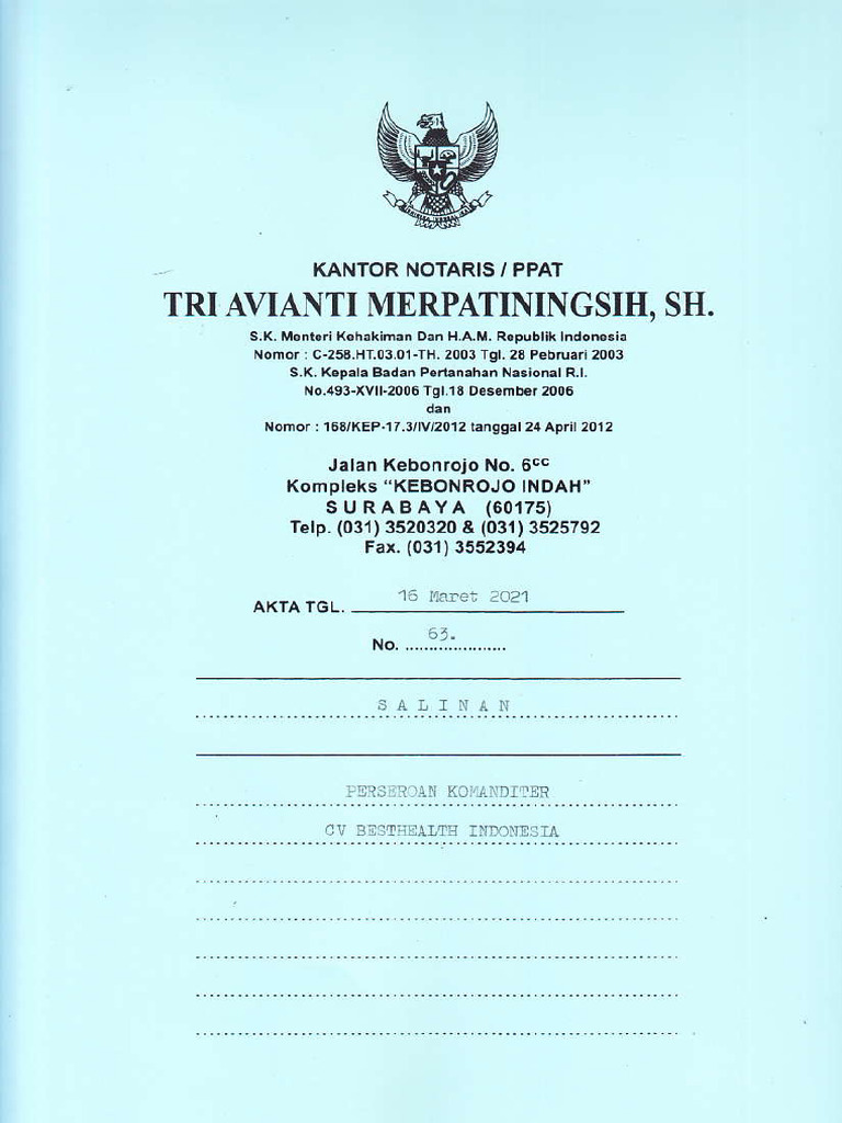 Akta Pendirian CV Bestnealth Indonesia | PDF