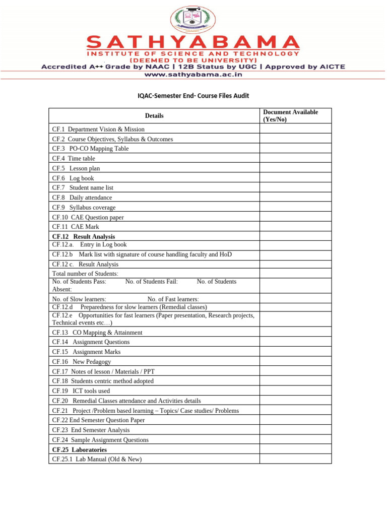 Course Files Audit for Semester End | PDF