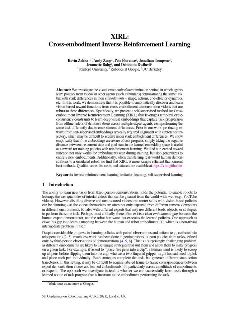 XIRL Cross-Embodiment Inverse Reinforcement Learning | PDF | Embodied ...