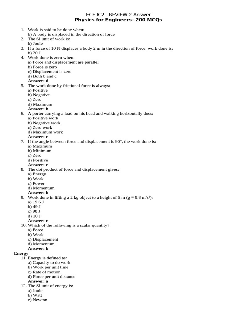002 - (200) - Work, Energy, and Power - Quiz | PDF | Rotation Around A ...