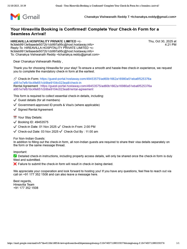 Gmail - Your Hireavilla Booking is Confirmed! Complete Your Check-In ...