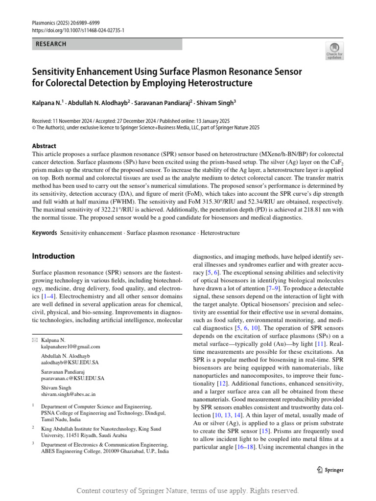 Sensitivity Enhancement Using Surface Plasmon Reso | PDF | Surface Plasmon Resonance | Biosensor
