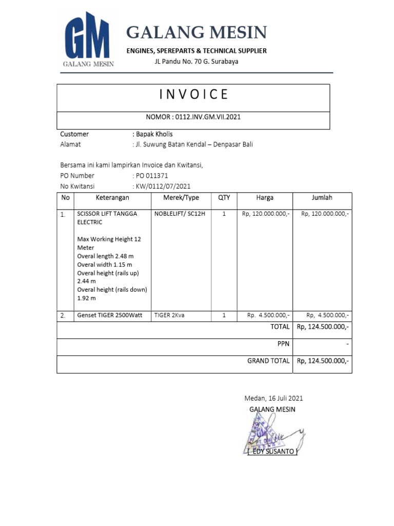 Invoice Pembelian Alat Galang Mesin | PDF