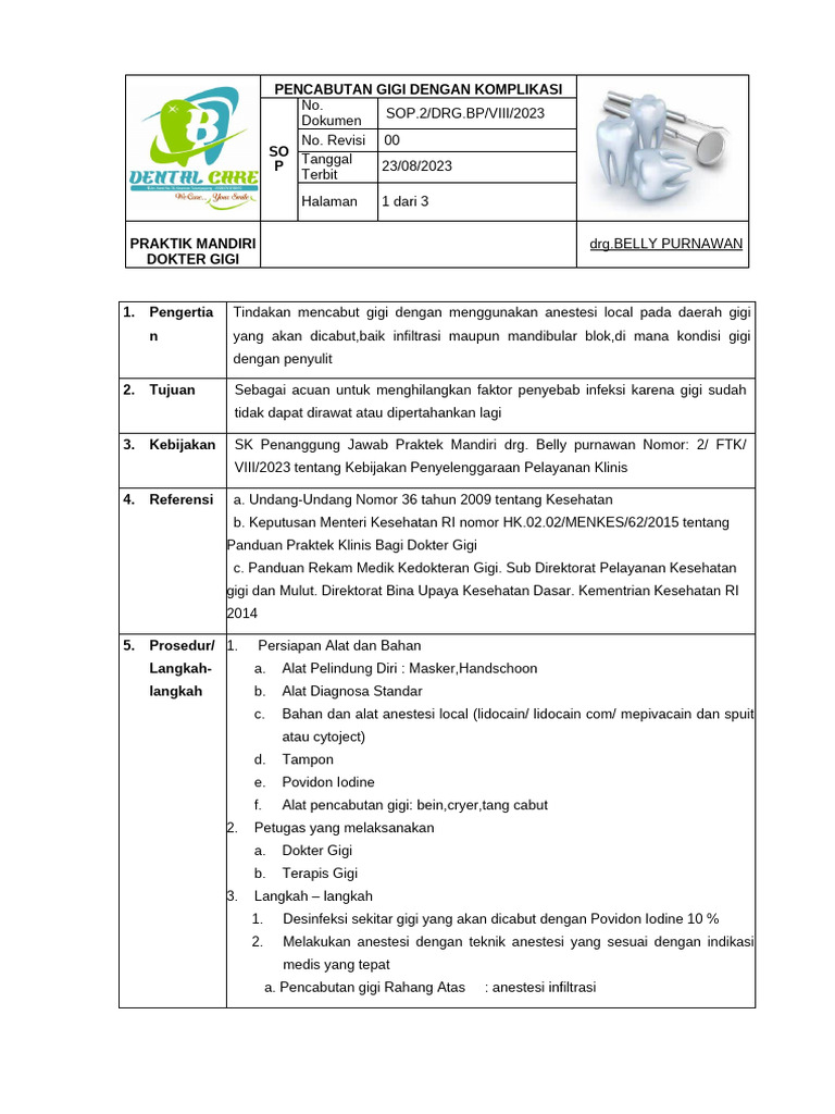 Sop Pencabutan Gigi Dengan Komplikasi | PDF