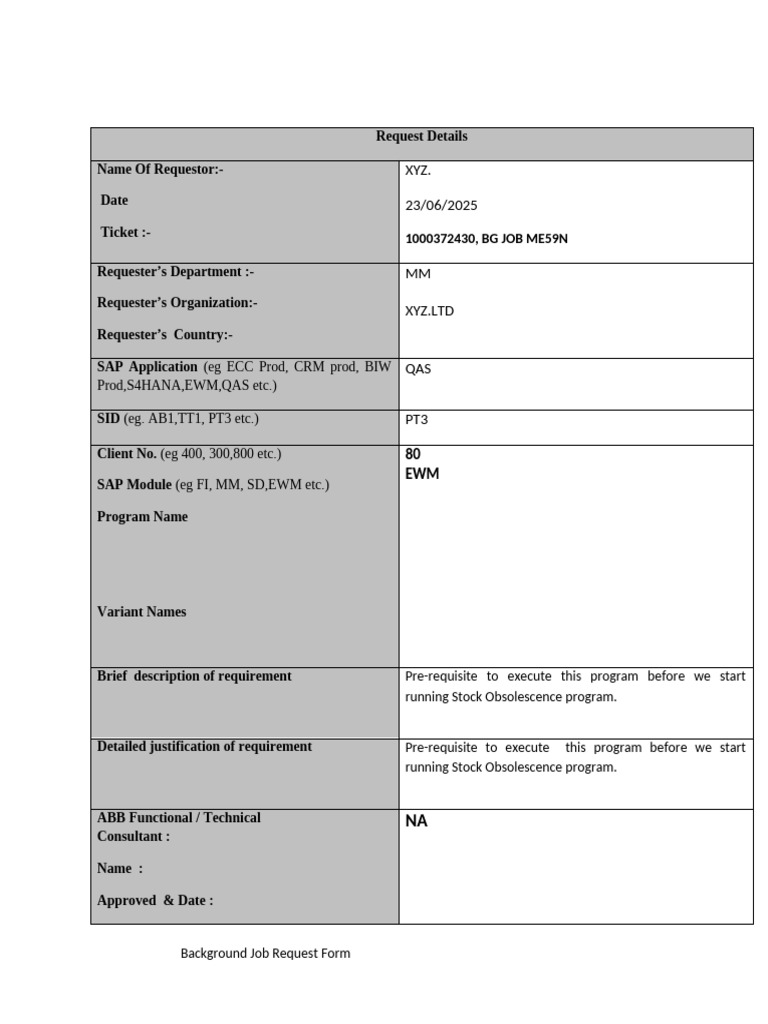SAP Background Job Request Form | PDF