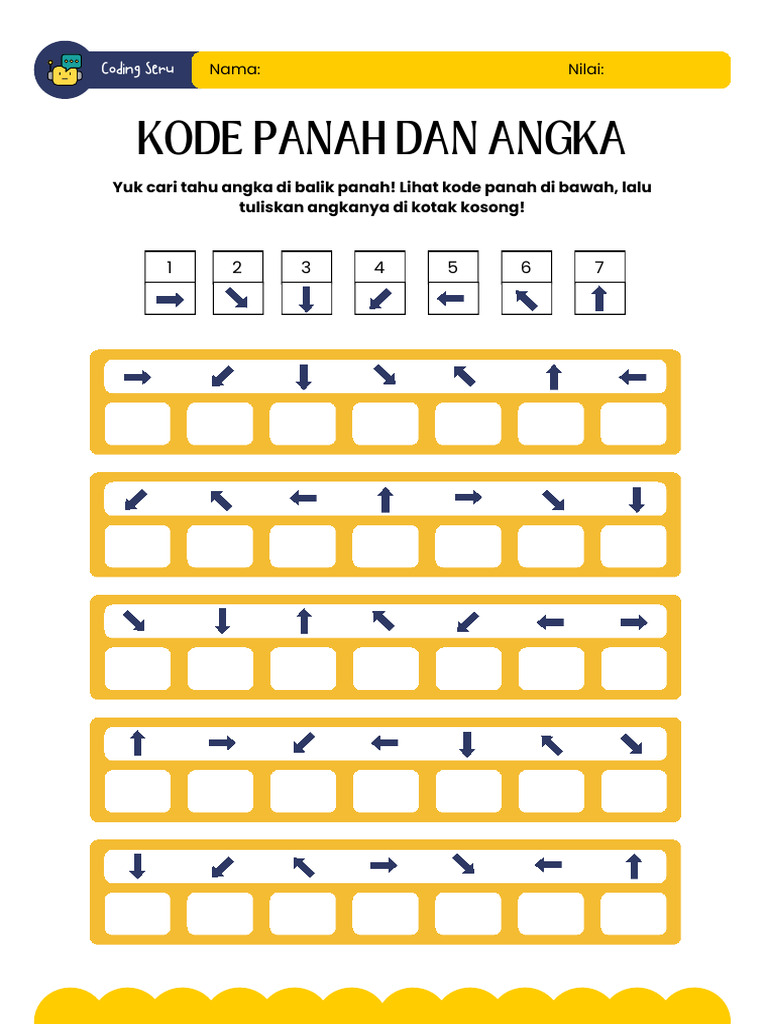 Kode Panah Dan Angka Coding Seru Lembar Kerja Siswa Kuning Dan Biru Sederhana | PDF