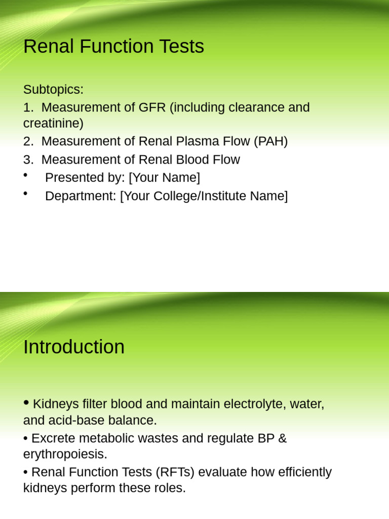 Renal Function Tests Presentation | PDF | Kidney | Creatinine