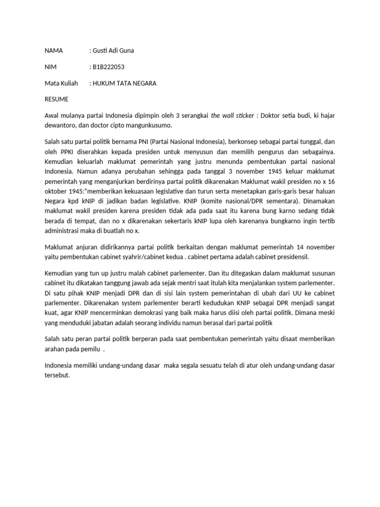 Resume HTN Gusti Adi Guna (B1B222053) | PDF