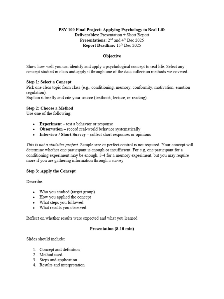 PSY100 Project Guidelines | PDF | Psychology | Experiment