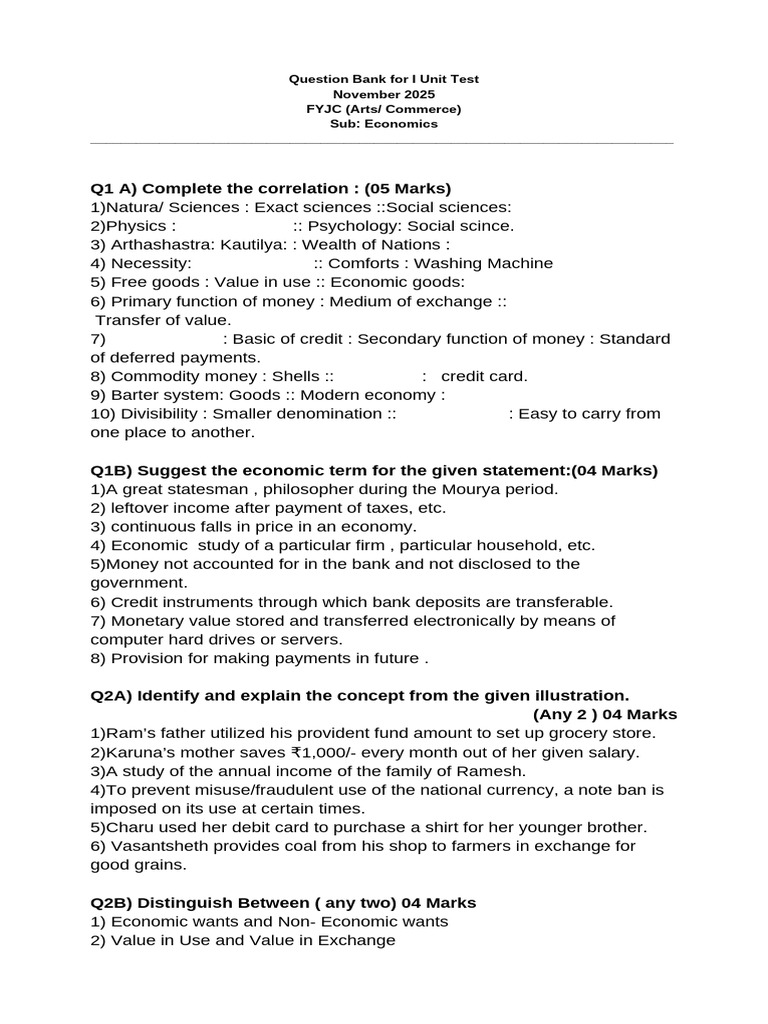 Economics Question Bank for FYJC Test | PDF | Money | Economics