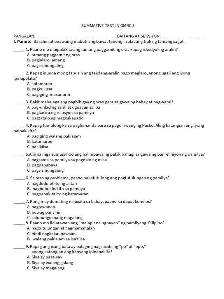 Summative Test in GMRC 3 | PDF