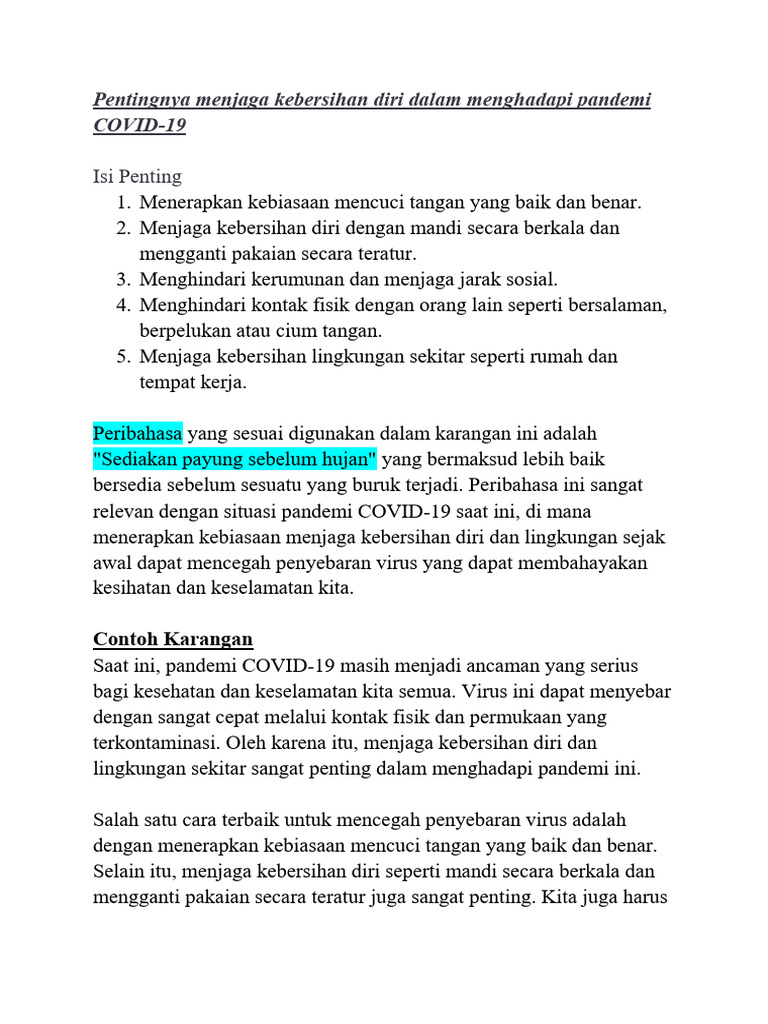 BM Karangan Tema Kebersihan Dan Kesihatan | PDF