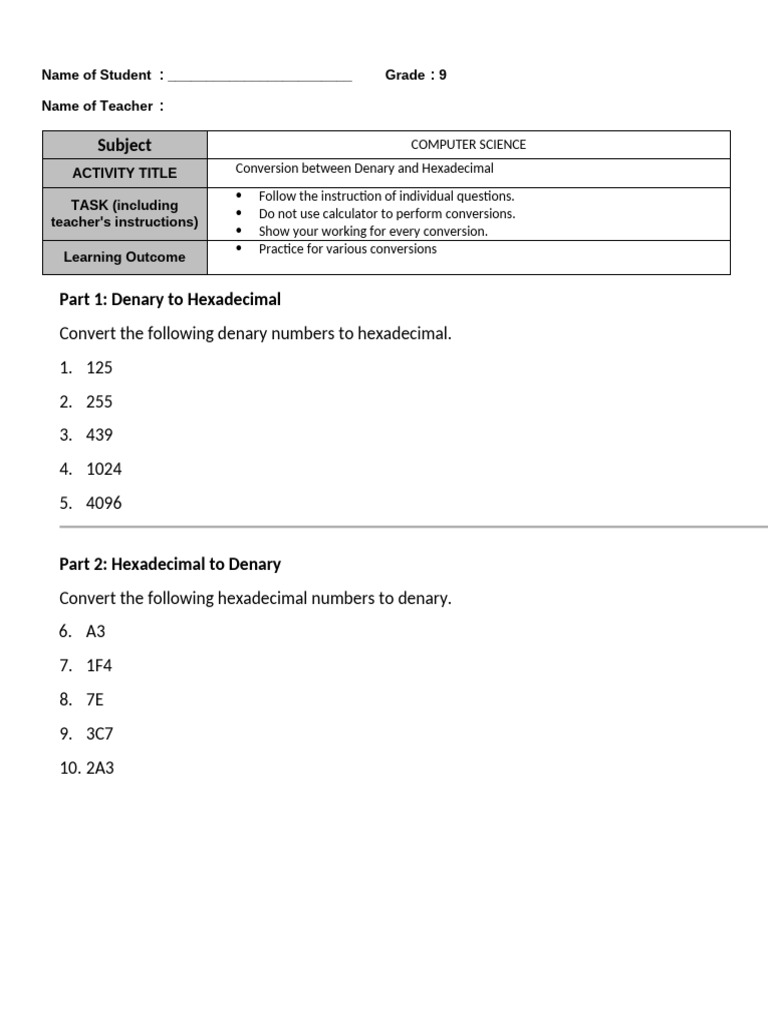 Denary to Hexadecimal Conversion Guide | PDF
