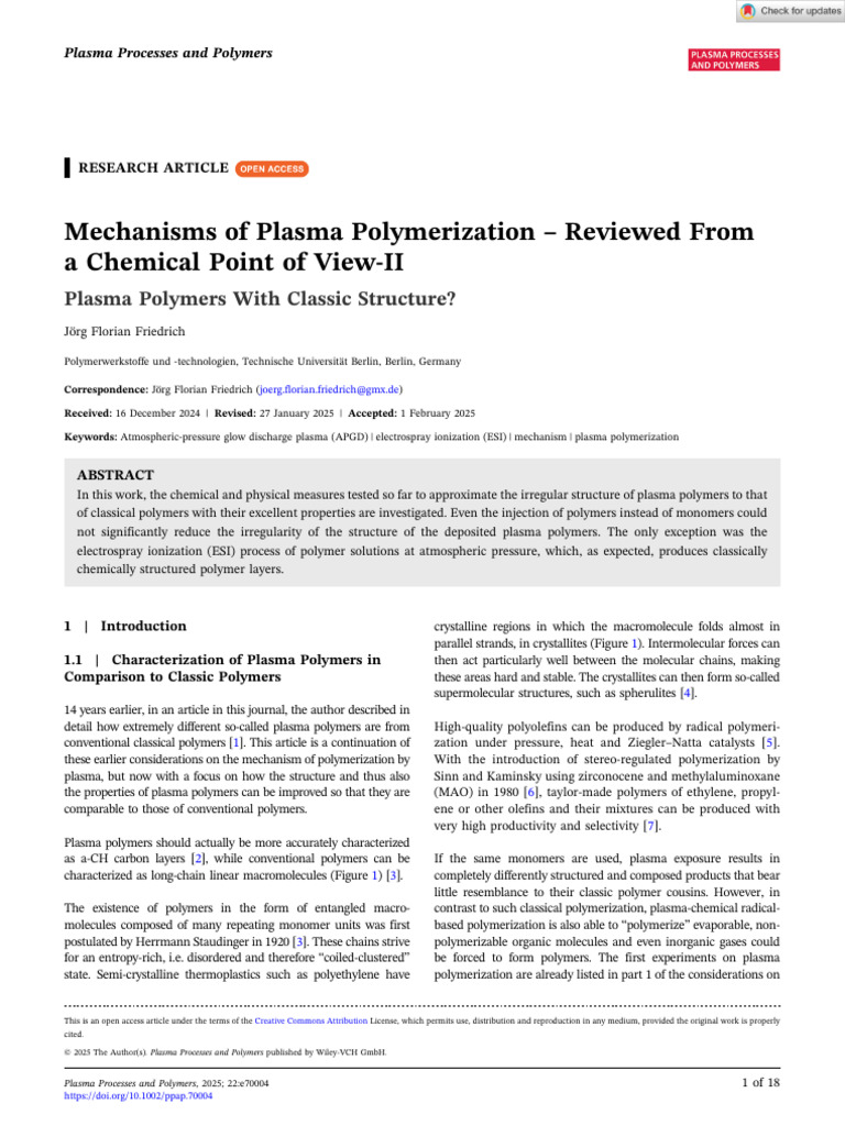 Plasma Processes Polymers - 2025 - Friedrich - Mechanisms of Plasma Polymerization Reviewed From ...