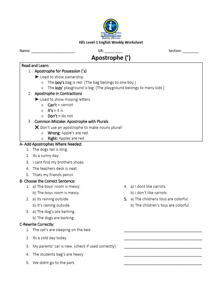 Hifz Level-1 Apostrophe Worksheet | PDF