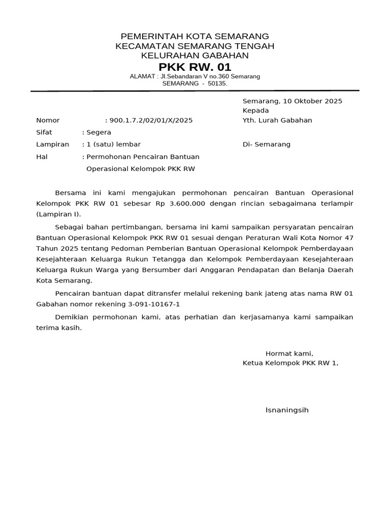Permohonan Bantuan Operasional PKK RW 01 | PDF