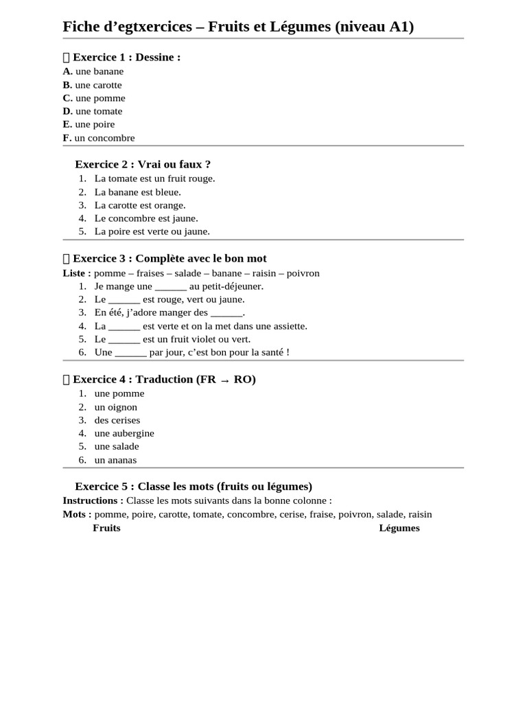 Exercices sur Fruits et Légumes A1 | PDF