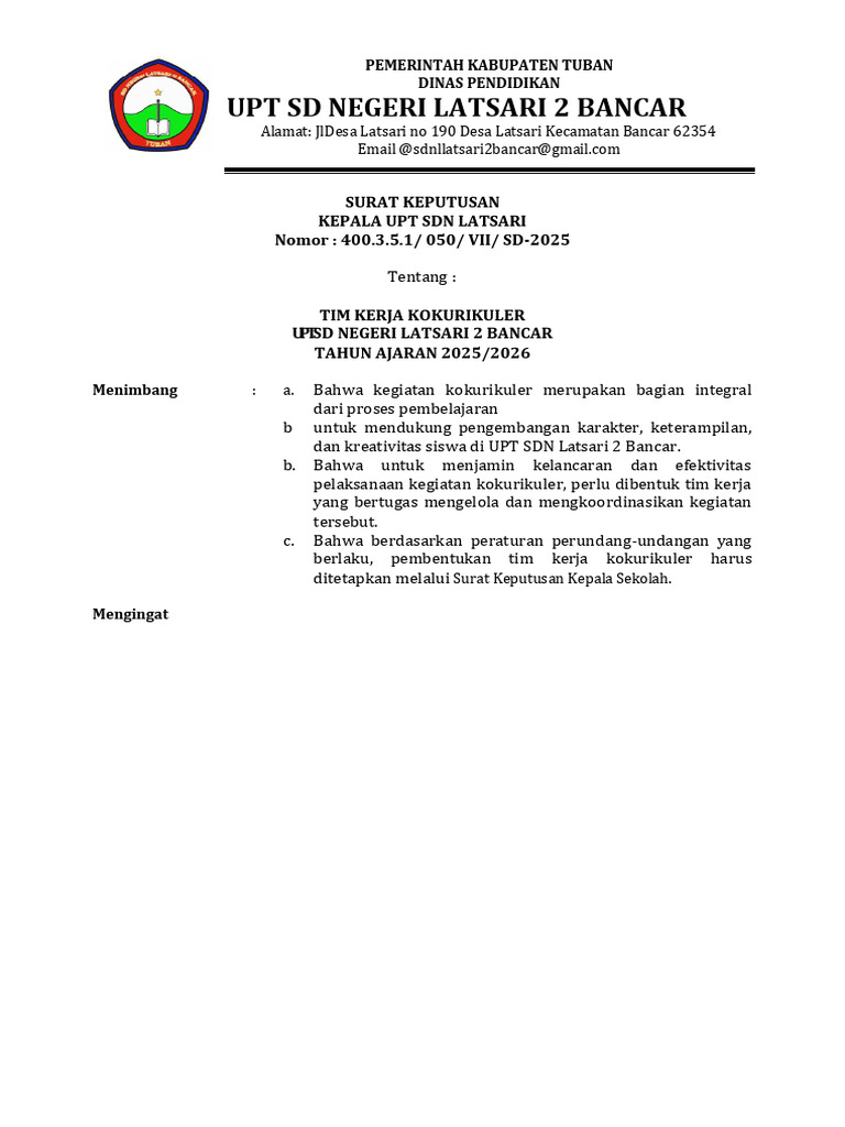 SK Tim Kerja Kokurikuler Latsari 2 TA 20252026 | PDF