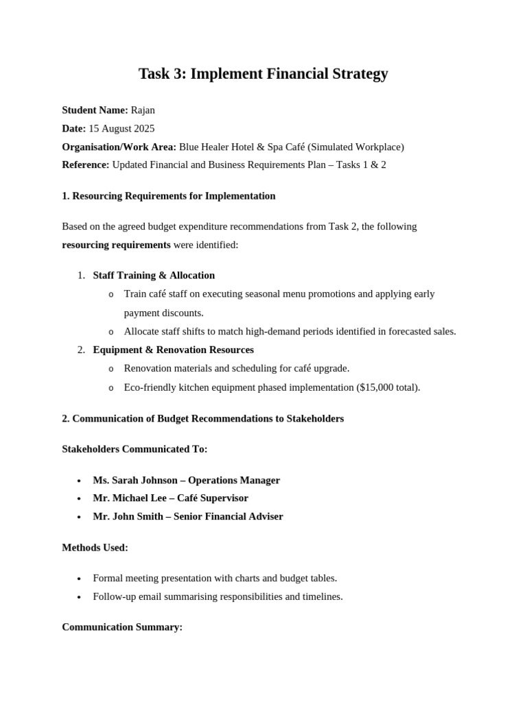 Task 3- Implement Financial Strategy | PDF | Budget | Expense