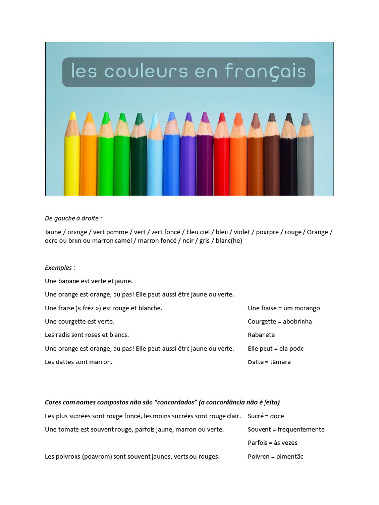 Couleurs et vocabulaire en français | PDF | Rouge | Bleu