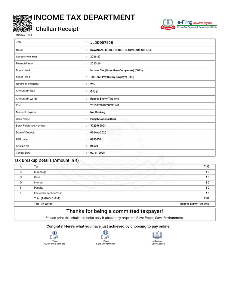 Income Tax Challan Receipt ITNS 281 | PDF | Taxes | Government Finances