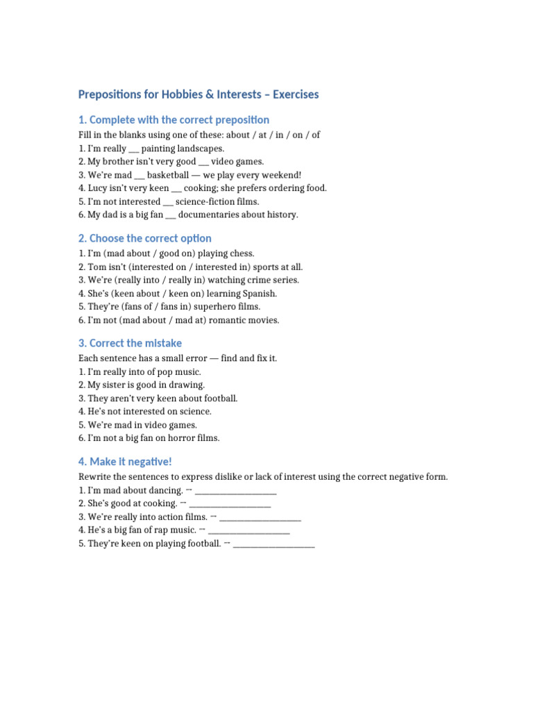 Hobbies and Interests Prepositions Exercises No5 | PDF