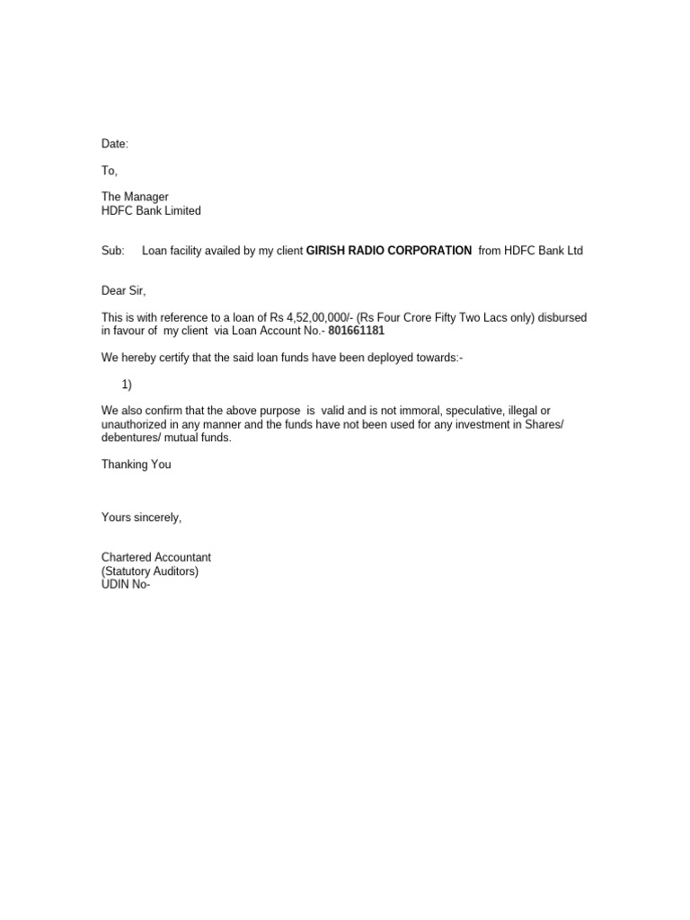 Letter Formate HDFC Bank - End - Use - Format C.A. Certificate | PDF