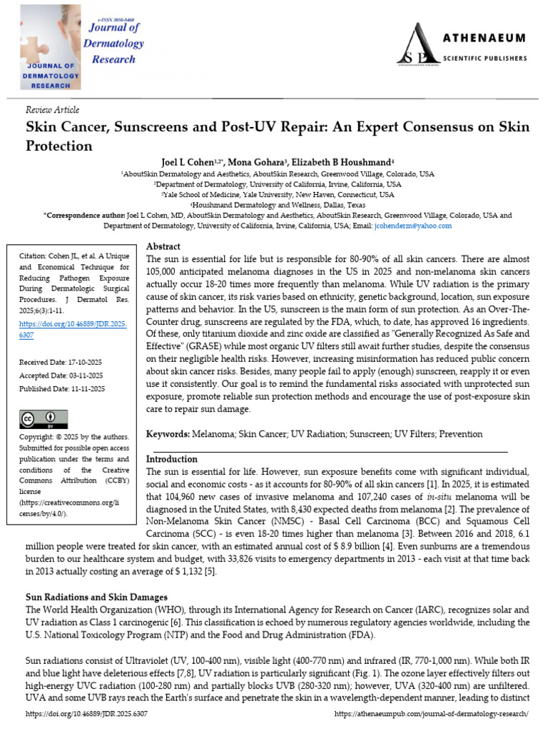 Skin Cancer Sunscreens and Post UV Repair an Expert Consensus on Skin Protection | PDF ...
