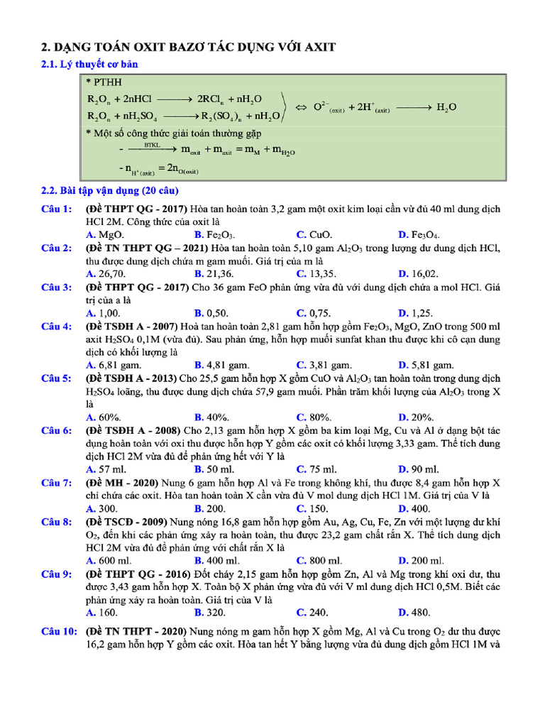 Oxit Bazo + Axit KL + Axit Thường | PDF