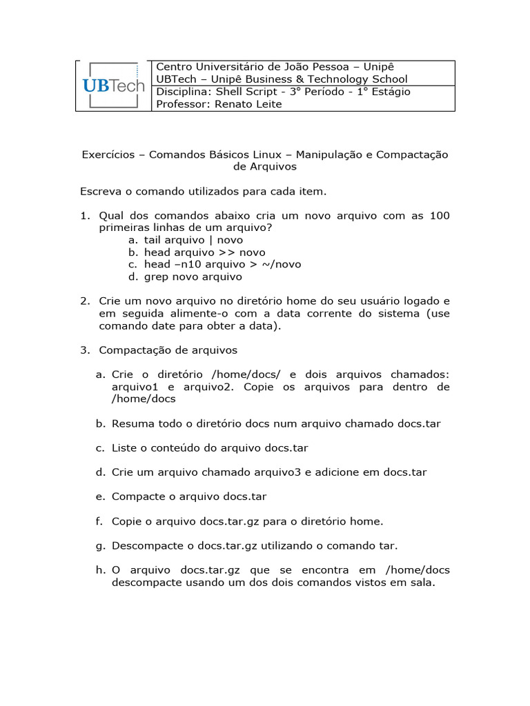 Exercício 2 - Manipulação e Compactação de Arquivos | PDF