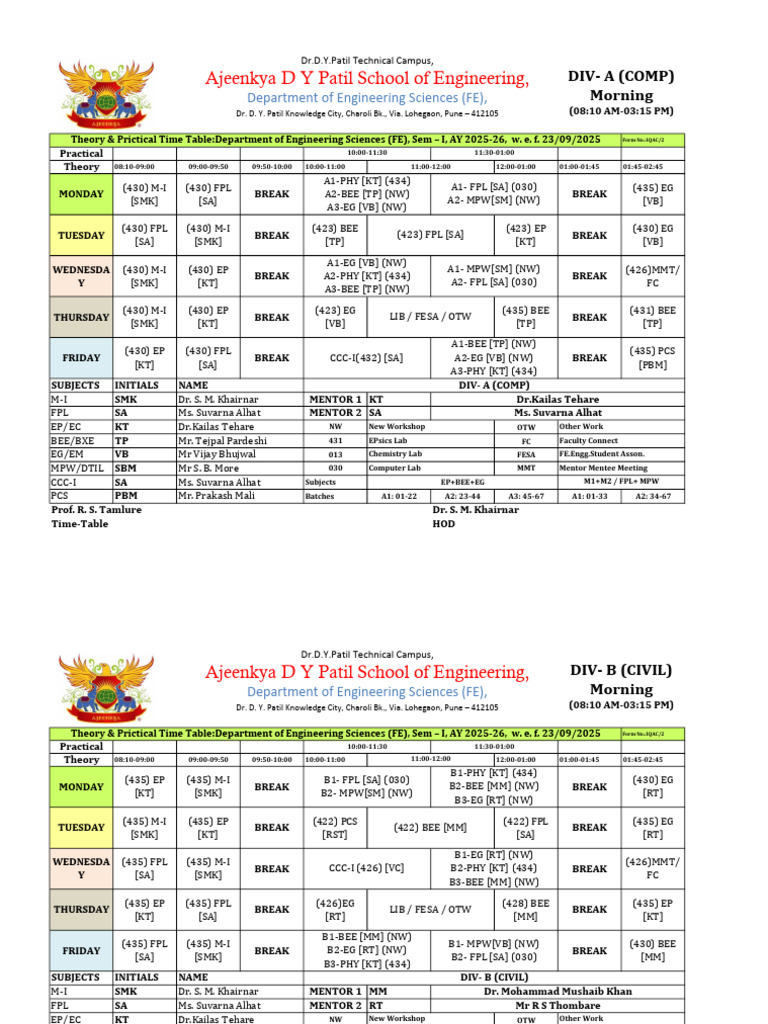 Time Table Studnet Copy SEM-I A.y.2025-26 V1.9 | PDF