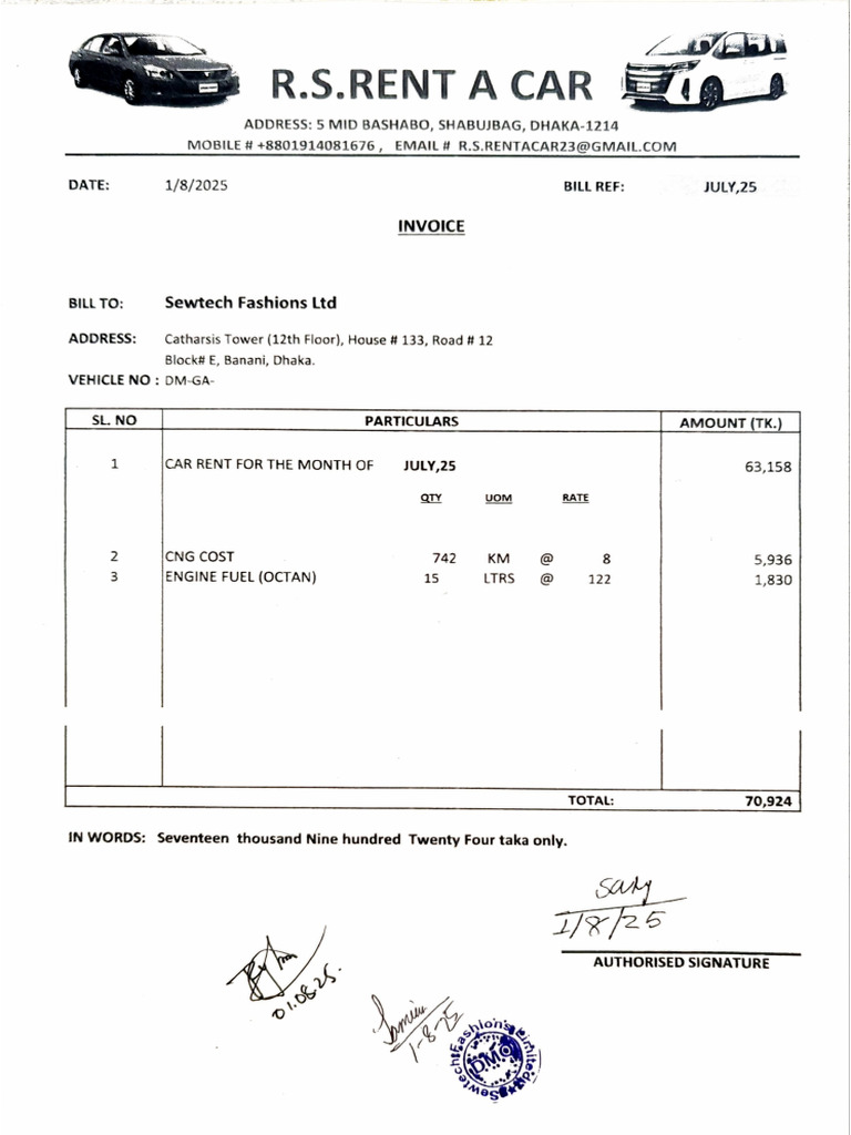 R.S.rent A Car Bill - July | PDF