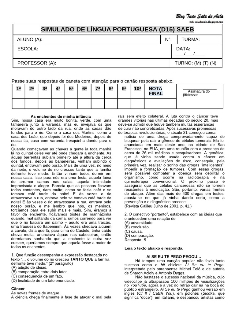 SIMULADO D15 SAEB ATIVIDADE DE REVISÃO SALA DE AULA | PDF