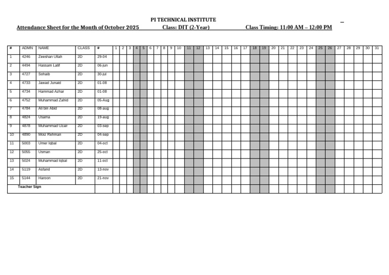 Attendance Sheet: October 2025 | PDF