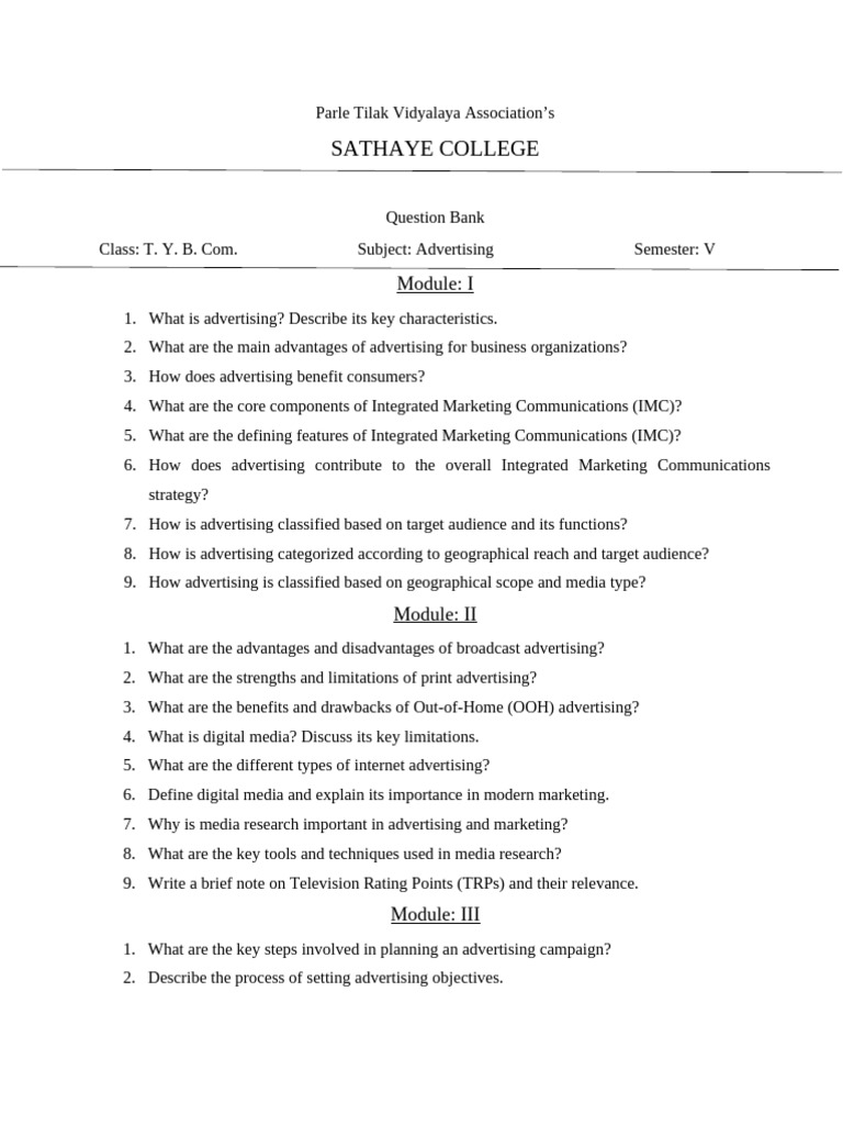 Advertising Question Bank for T.Y. B.Com | PDF | Advertising | Marketing