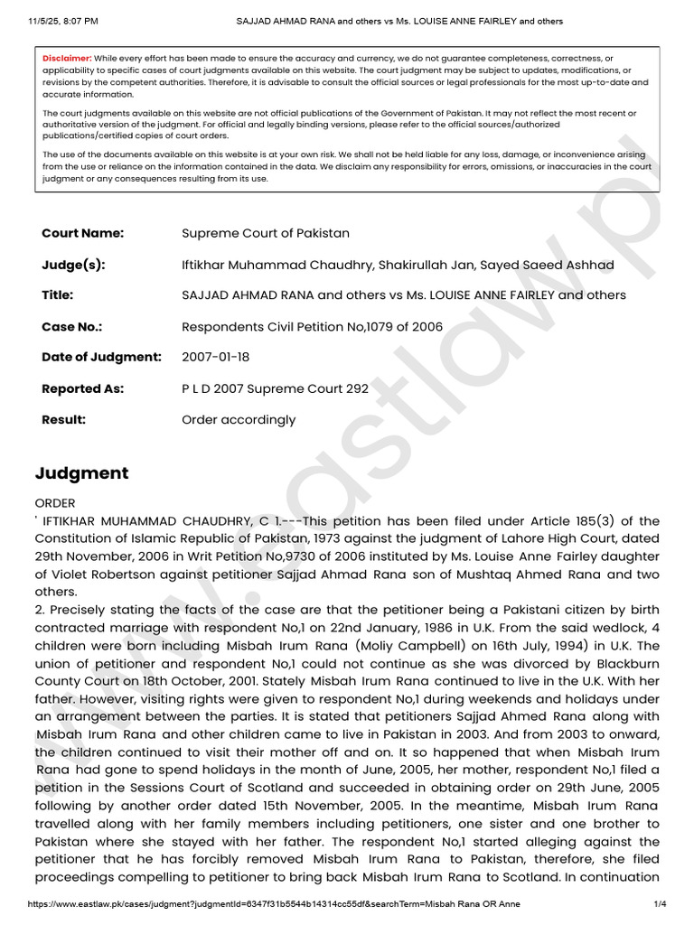 Supreme Court Custody Case: Rana vs Fairley | PDF | Habeas Corpus ...