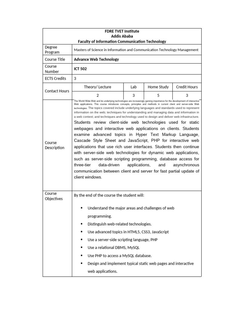 Advance Web Technologies Course Outline | PDF | World Wide Web | Internet & Web