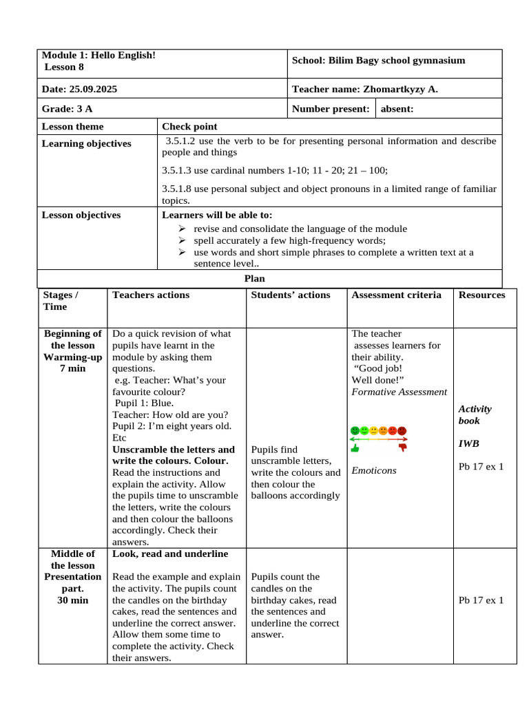 25.09 3rd Grade Short Term Plan | PDF | Learning | Human Communication