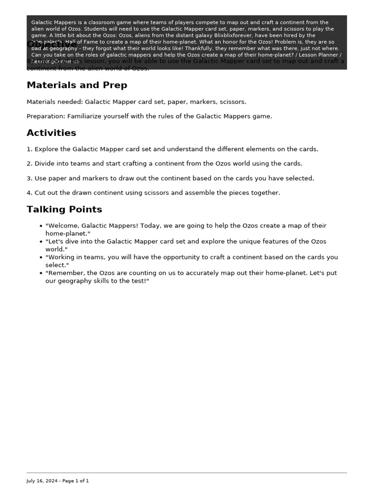 Lesson Plan Galactic Mappers Is A Classroom Game Where Teams o | PDF