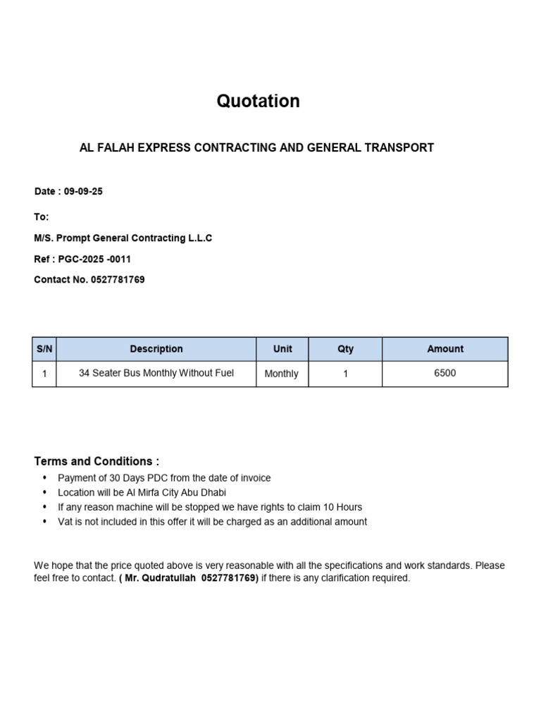 Monthly Quotation for 34-Seater Bus | PDF