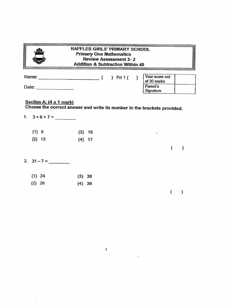 2022-P1-Maths-Review Assessment Raffles | PDF