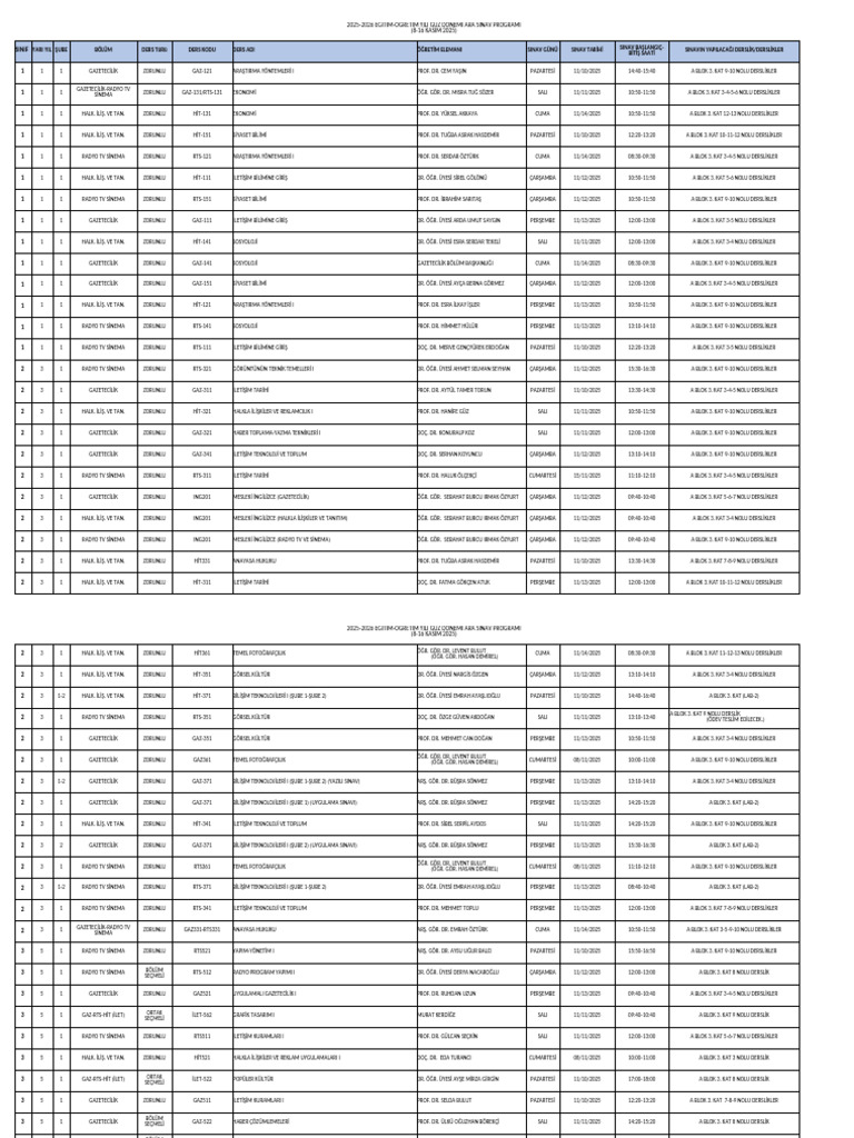 2025-2026 Guz Ara Sinav Programi (Ilan) | PDF