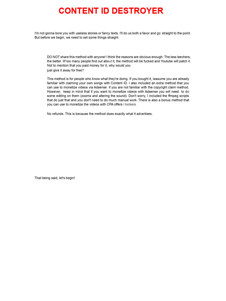 Upload FULL, 100% Unedited Copyrighted Videos on Youtube! Content ID DESTROYER! | PDF