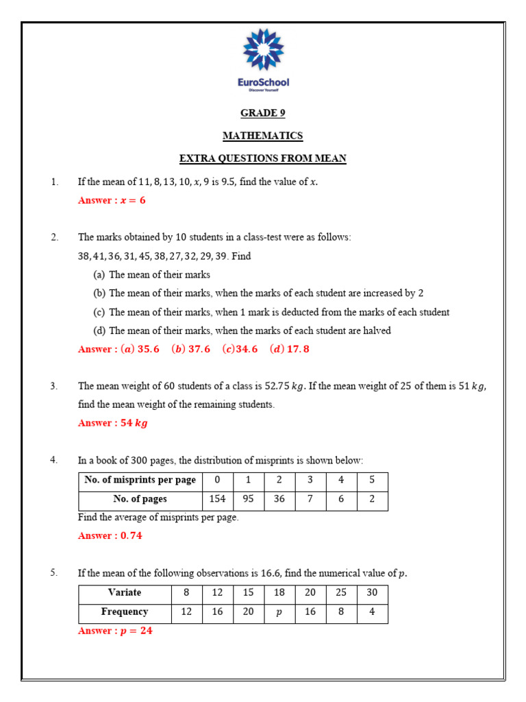 Grade9MeanExtraQuestions | PDF | Mean | Chess Openings