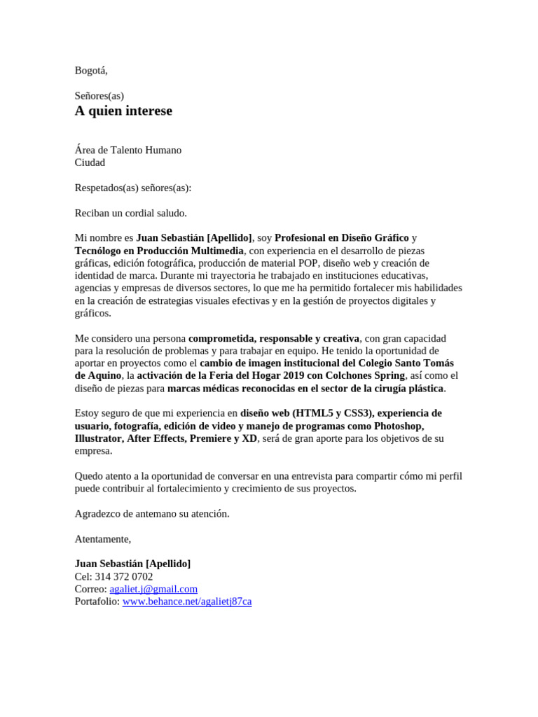 Carta de Presentación Sebastian | PDF