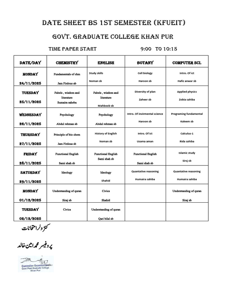 KFUeiT BS 1st Semester Date Sheet | PDF
