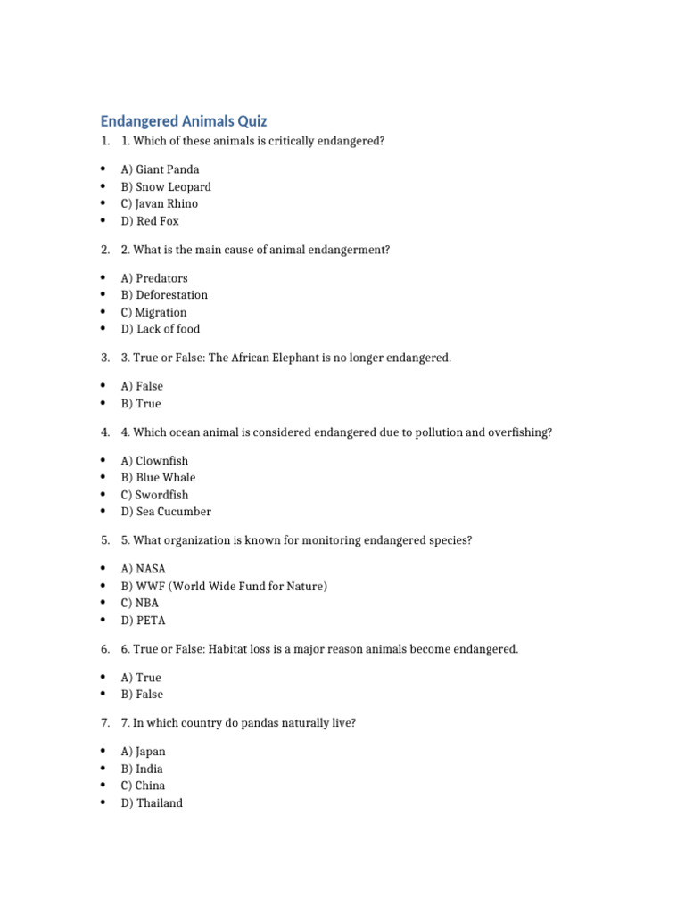 Endangered Animals Quiz | PDF